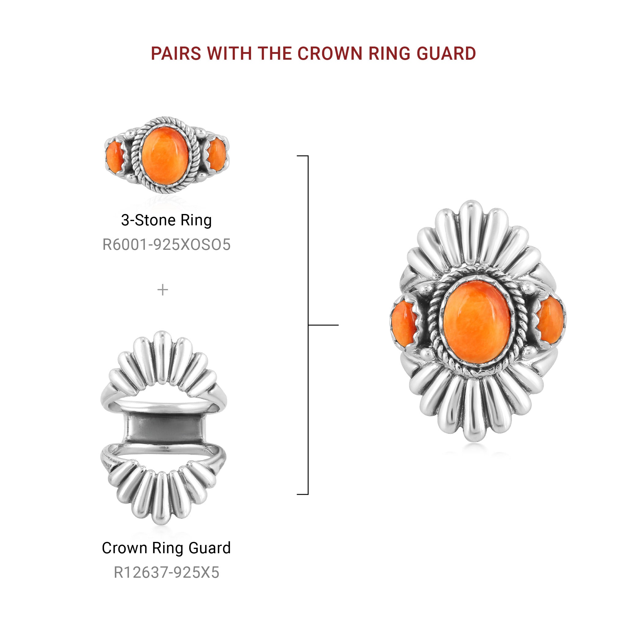 Sterling Silver Orange Spiny 3-Stone Ring, Sizes 5 to 10 – American ...
